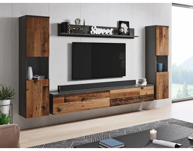 Obývací stěna Bamisio XL, Barva: bílá + šedý lesk, Osvětlení: osvětlení LED - bílé