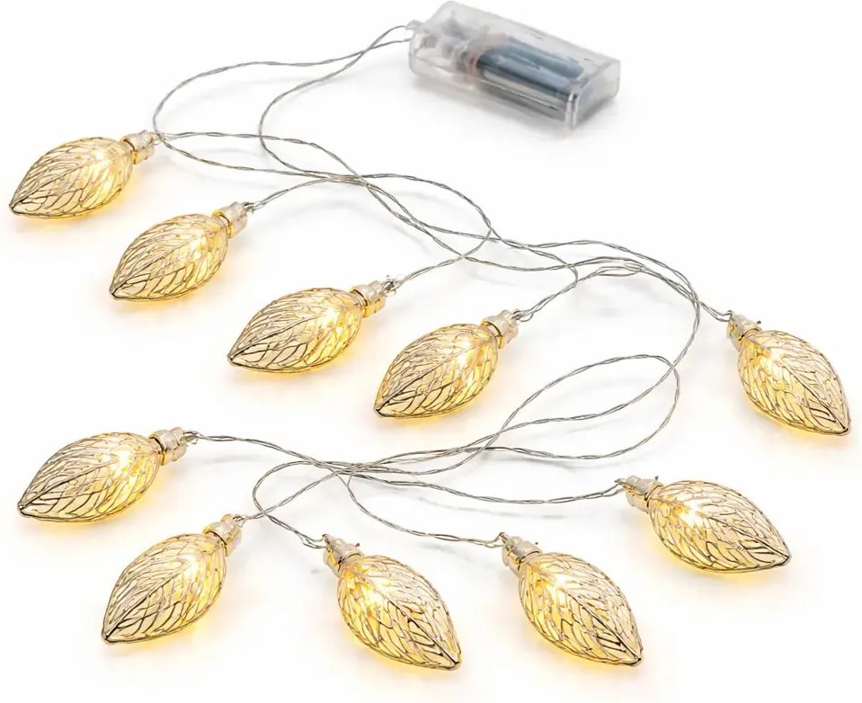 LED světýlka na baterie, kovové lístky, 1,8 m, teple bílá, 10 diod, čirý kabel, IP20 interiér, 2 × AA