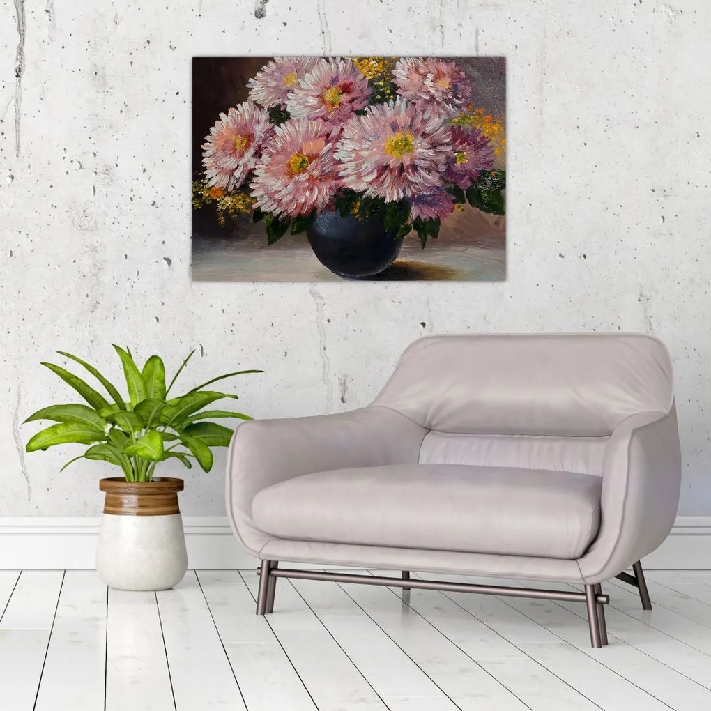 Skleněný obraz - Olejomalba, Květiny ve váze (70x50 cm)