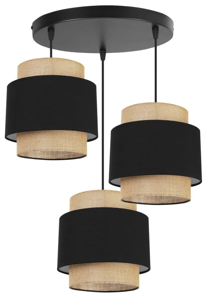 Závěsné svítidlo Boho, 3x jutové/černé textilní stínítko, o