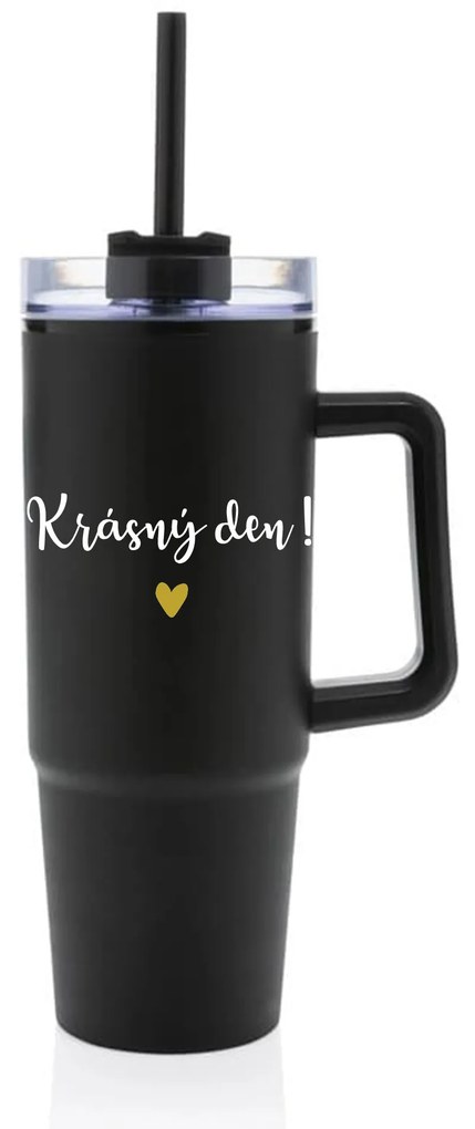 KRÁSNÝ DEN - černý cestovní termohrnek s průhledným víčkem 900 ml