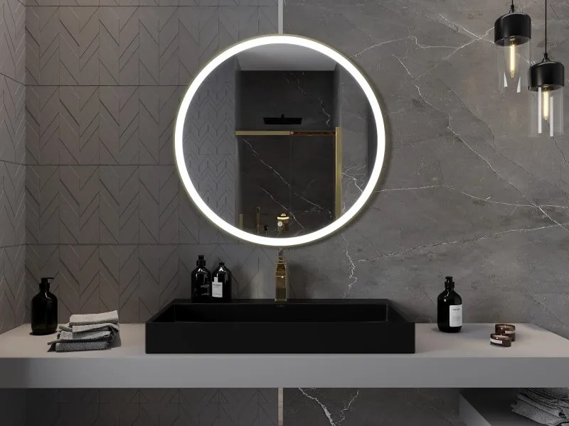 Mexen Esso, kulaté LED podsvícené koupelnové zrcadlo 90 cm, 6000K, topná podložka proti zamlžování, zlatý rám, 9825-090-090-611-50