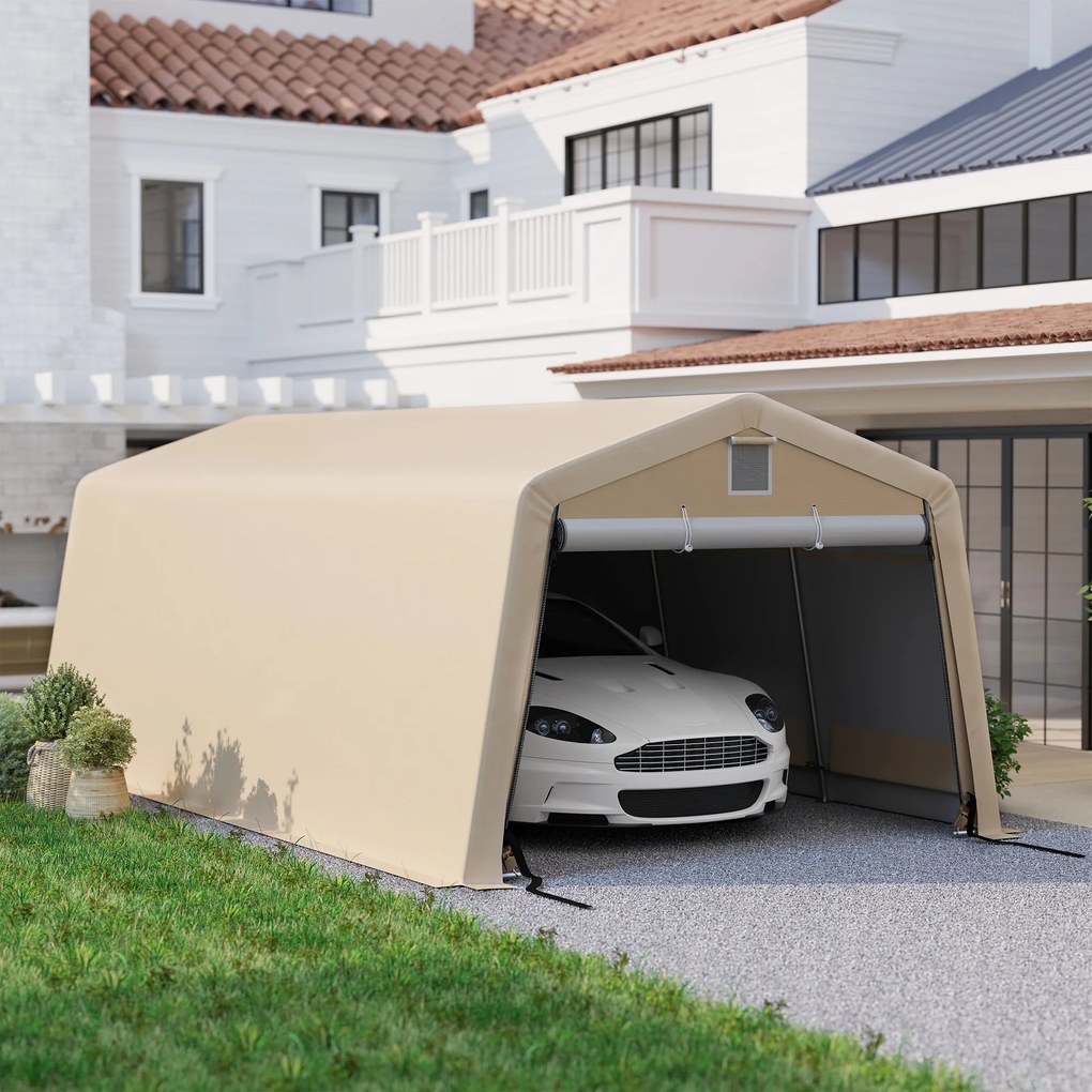 Carport stání Outsunny 6,2L x 3,3W x 2,4H m, Pevný pozinkovaný ocelový rám, voděodolný polyethylen 150 g/m², Anti-UV, 1 Khaki dveře a 2 větrání
