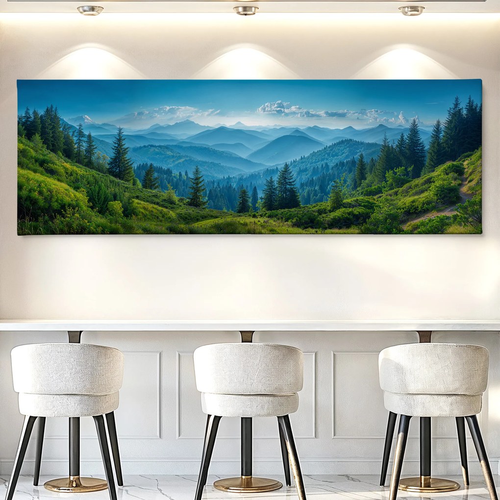 Obraz na plátně - Slunečný den nad horskými hřebeny FeelHappy.cz Velikost obrazu (šířka x výška): 180 x 60 cm