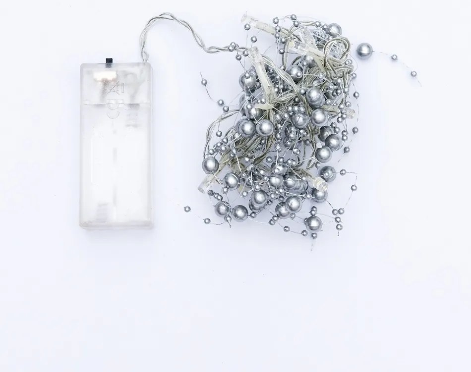 LED světýlka na baterie, perly stříbrné, 1,3 m, ledově bílá, 10 diod, čirý kabel, IP20 interiér, 2 × AA