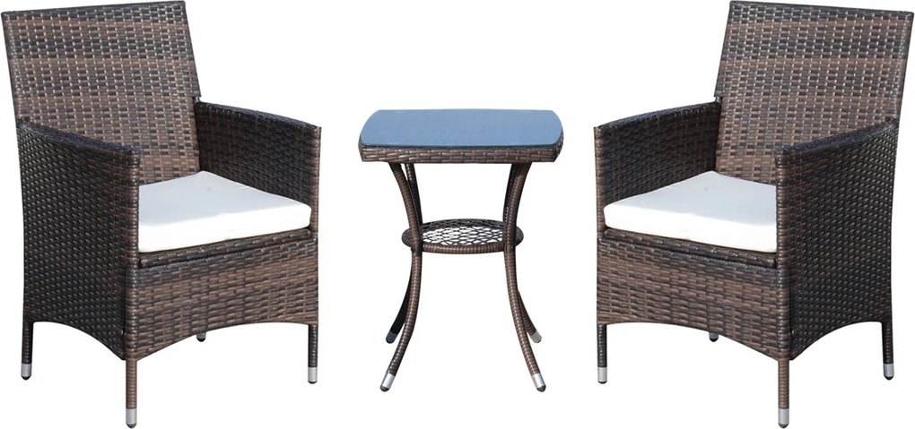 Outsunny Poly Rattan Zahradní Nábytek Set, Zahradní Lounge Balkonový Nábytek pro 2 Osoby, 3-Dílná Sedací Souprava, 2 Křesla, Stůl, Polstrování, Zahrad