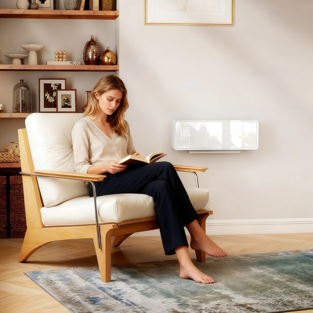 HOMCOM Nástěnný keramický elektrický ohřívač 2000 W, ventilátor, termostat, časovač, dálkové ovládání, skleněný panel, bílý