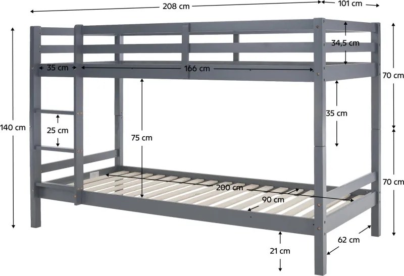 Patrová postel, 90x200, masivní dřevo, šedá, INEZA Kondela 0000396658