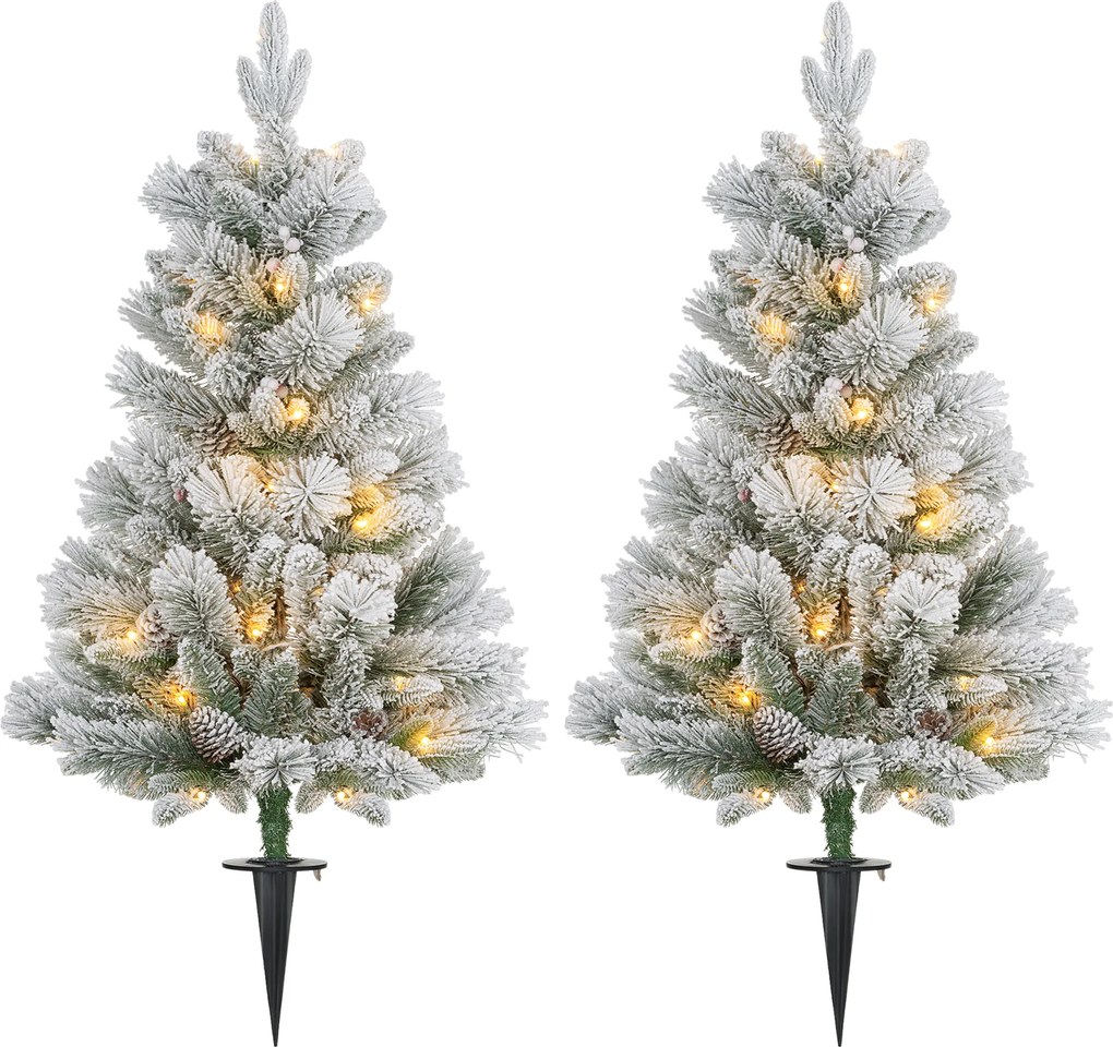 HOMCOM Vánoční stromek s LED osvětlením, sada 2 ks, 107 cm, šišky, červené bobule, nehořlavý, zelená/bílá