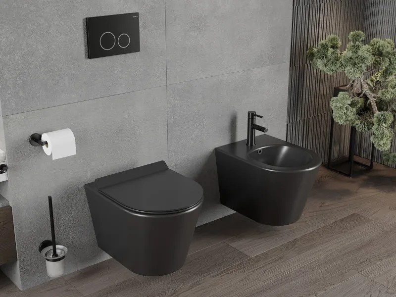 Mexen Rico závěsné wc Rimless s toaletním sedátkem Slim z duroplastu, černá matná - 30720185