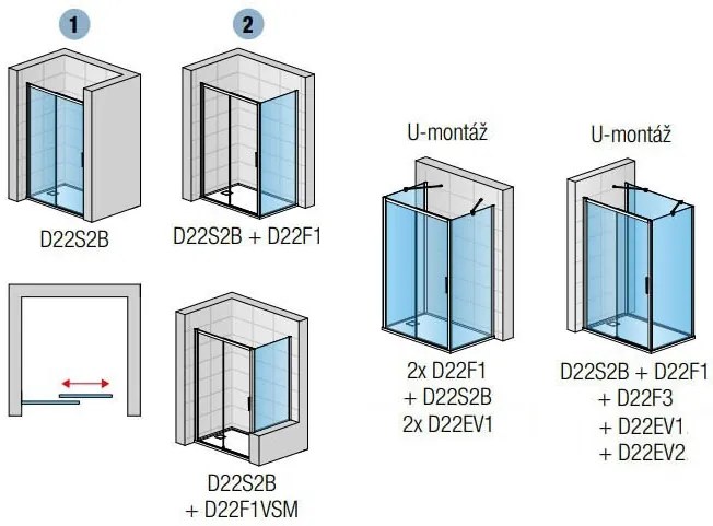 Ronal (Sanswiss) Ronal, DIVERA Black Line jednodílné posuvné dveře s pevnou stěnou v rovině D22S2B Šířka: 100, Sklo: 87 Screen