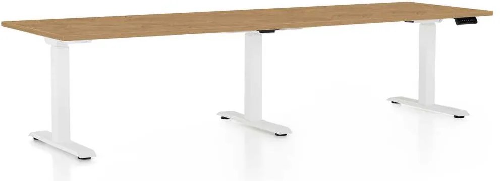 Výškově nastavitelný stůl OfficeTech Long, 260 x 80 cm, bílá podnož, dub kamenný