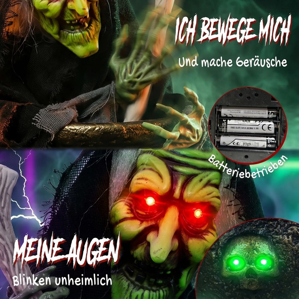HOMCOM Animovaná halloween stolní čarodějnice se zvukem smíchu, svítícíma očima a zvukovou/touch aktivací