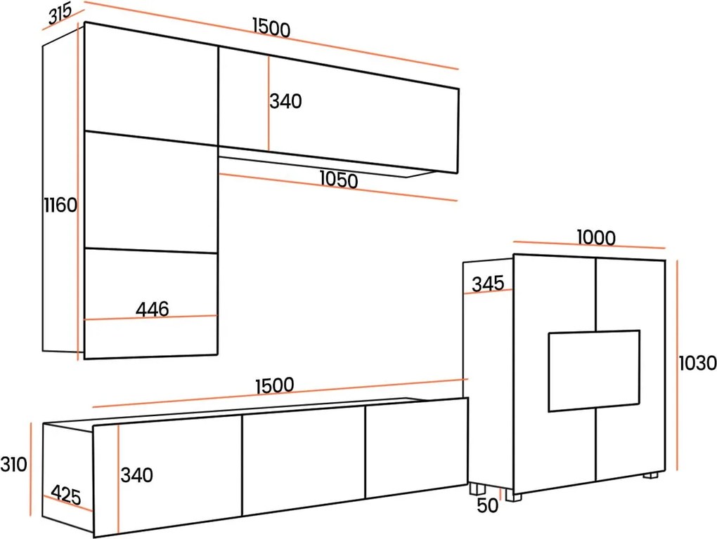 GAB Obývací stěna LORONA 3, Bílá 150 cm