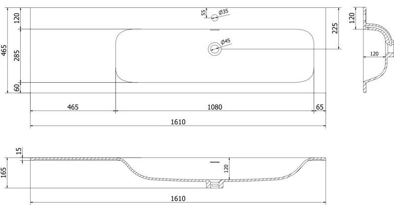 Mexen Orio, koupelnová skříňka 160 cm s pravým umyvadlem Vela, 2S, 1D, bílá matná, 91A13-16047-3-BBFFFF01-W23P01