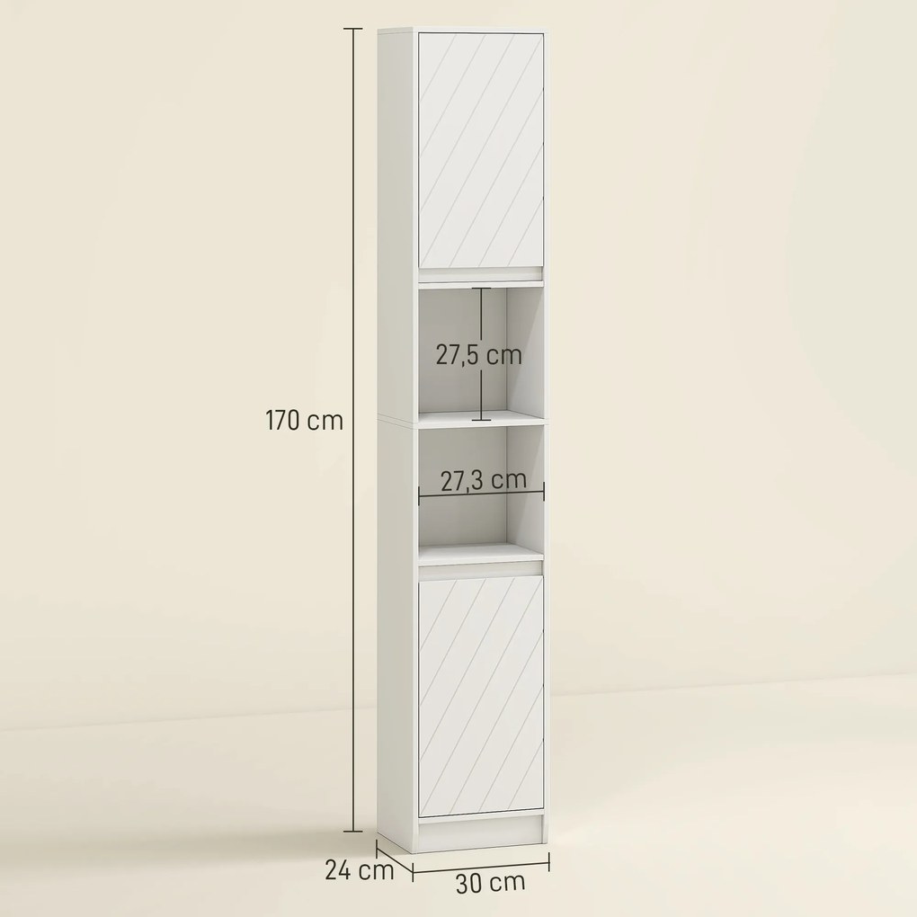 HOMCOM vysoká skříňka do koupelny, úložný nábytek se 2 dveřmi, 2 otevřenými přihrádkami, 30 x 24 x 170 cm, bílá