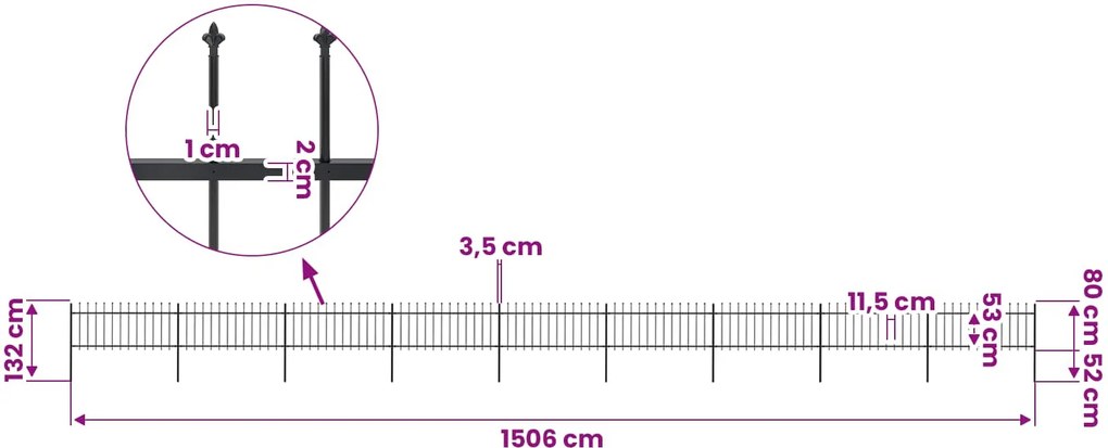 Zahradní plot s kopím nahoře ocelový 1506 x 80 cm černý 277610