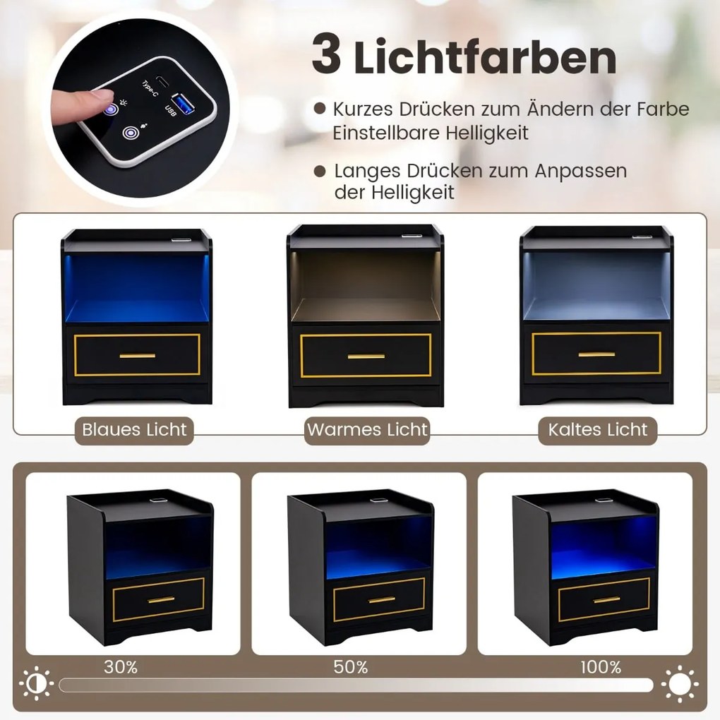 Costway Sada 2 nočních stolků s USB portem LED osvětlení a nočním stolkem