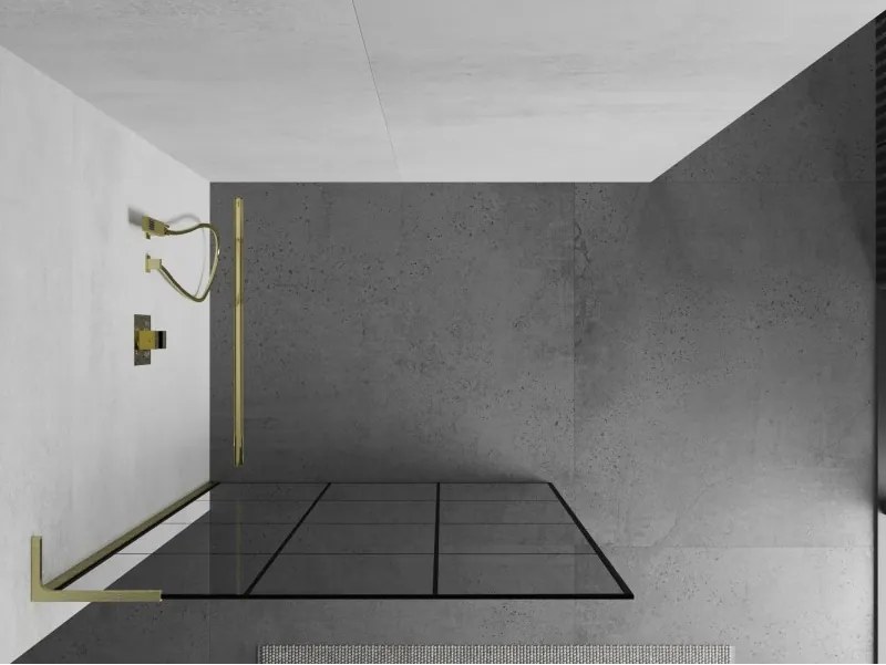 Mexen Kioto L, sprchová zástěna Walk-In 100 x 200 cm, 8mm čiré sklo černý vzor, zlatý matný profil, 800-100-103-55-77