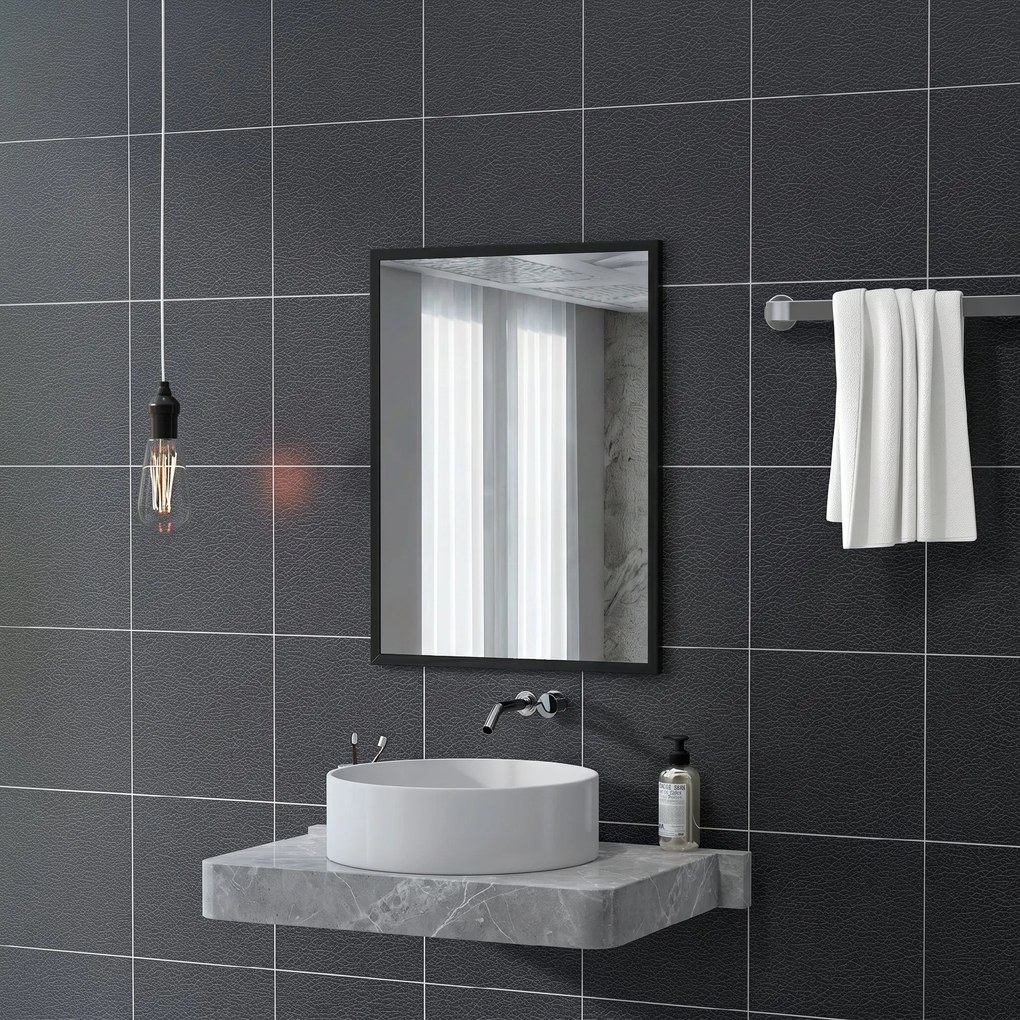 HOMCOM Obdélníkové Zrcadlo se Háčky, Zrcadlo ve Skle a MDF, 60x80 cm, Černé