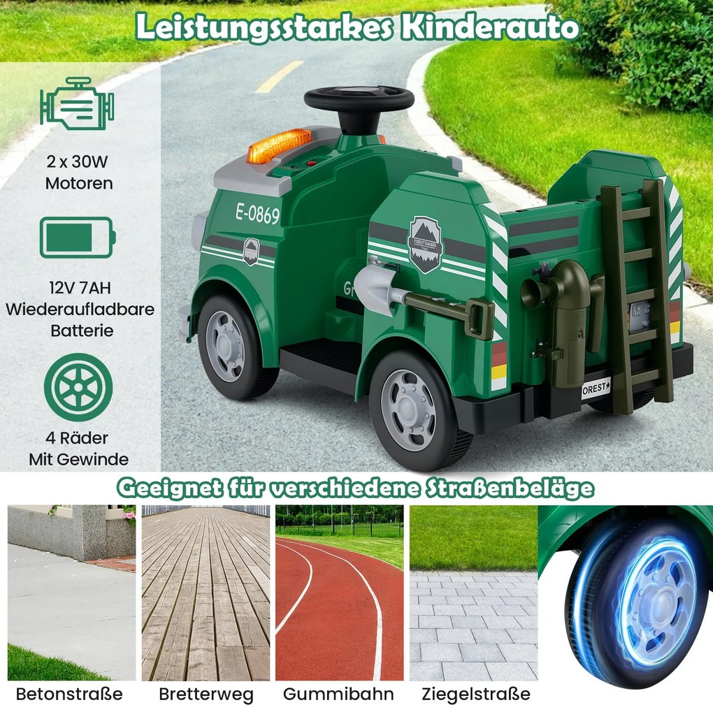 Costway Dětské hasičské pojízdné auto 12 V hasičské auto s lopatou a hasicím