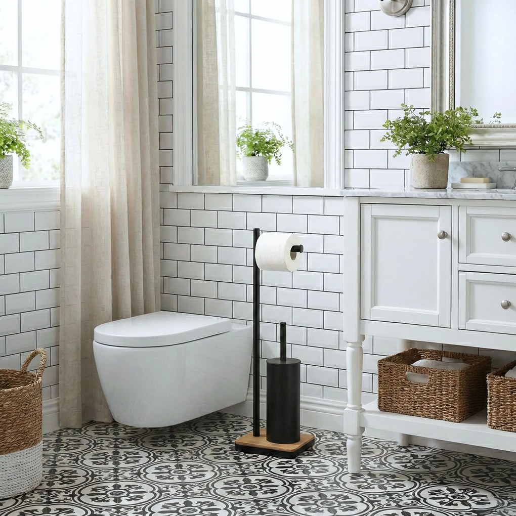 WC štětka s držákem na toaletní papír a bambusovou podložkou IVLO, 65 cm – černá