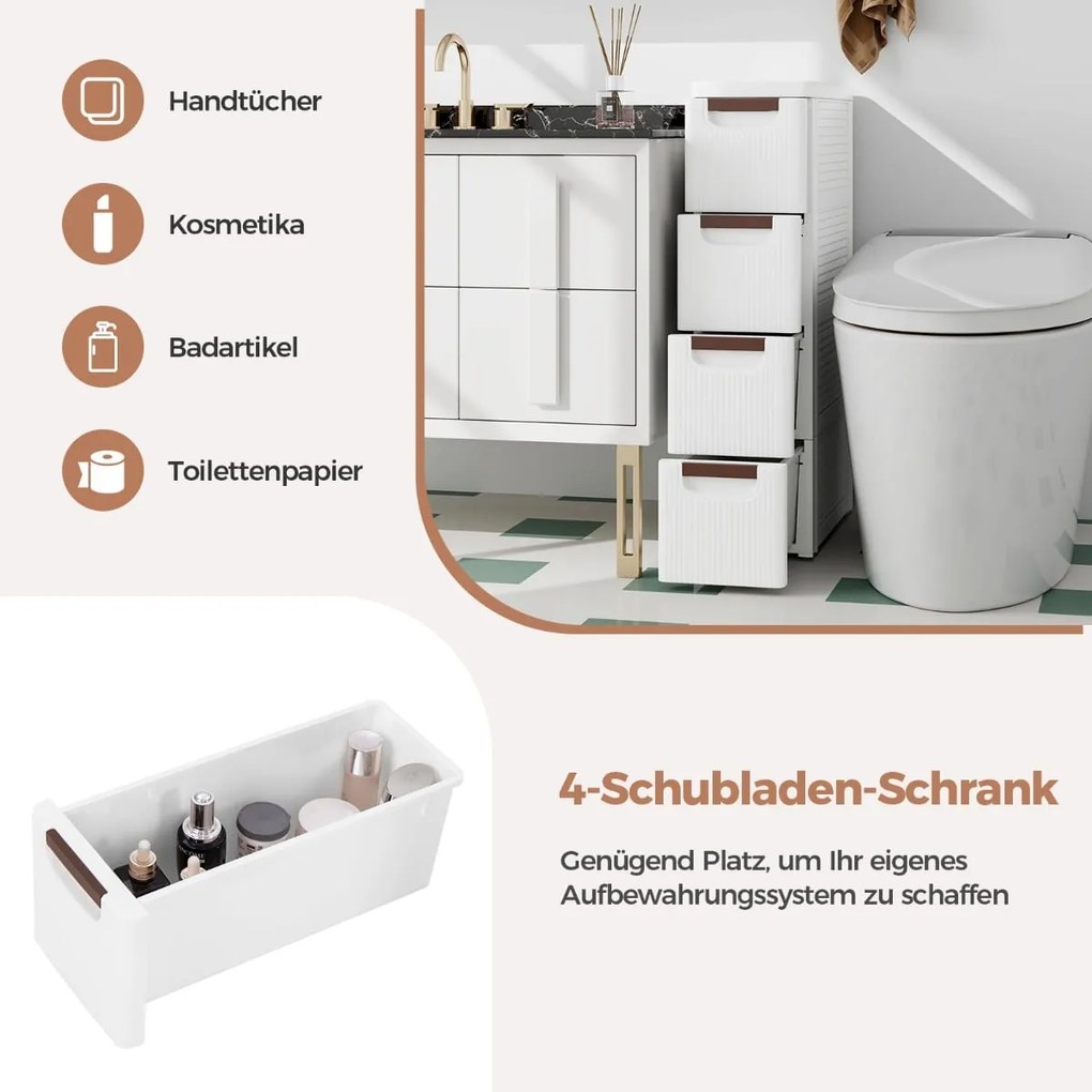 Costway Koupelnová skříňka úzká se 4 zásuvkami a kolečky výklenková police