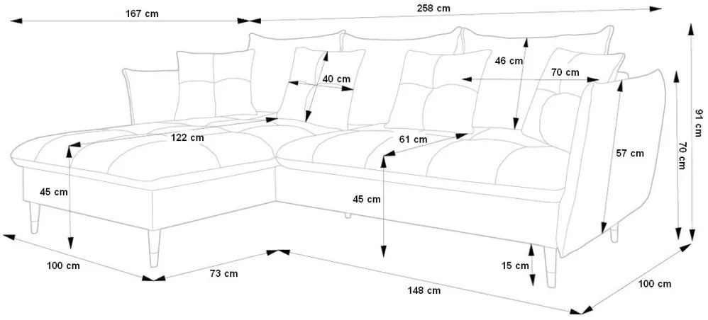 Rohová sedací souprava Glam, světle šedá látka, levý roh