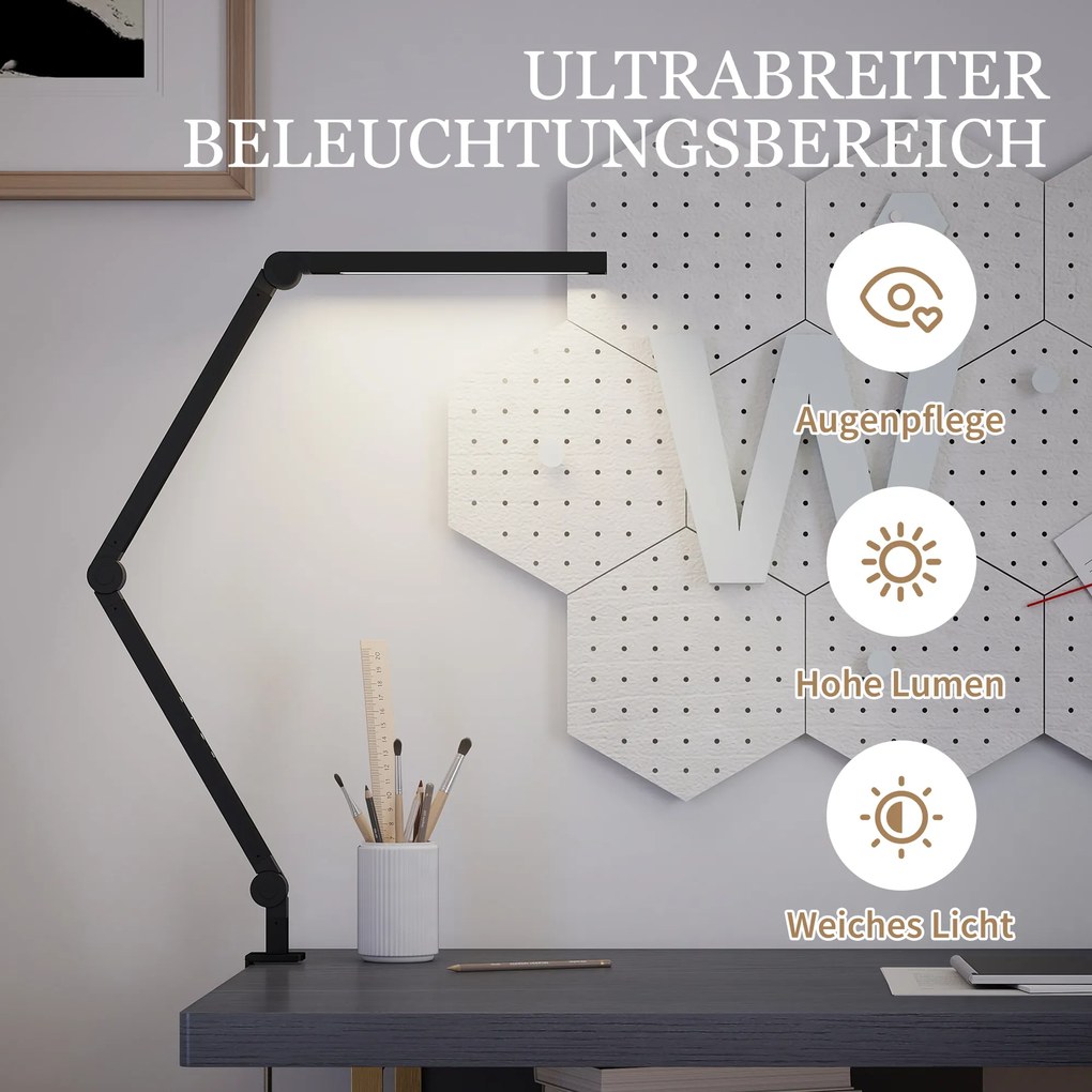 HOMCOM Stolní lampa, nastavitelná jas a barva, kovová svorka, 96 LED, černá