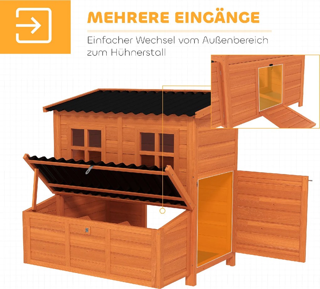 PawHut Kurník s hnízdní budkou pro 3–4 slepice, vodotěsná střecha, jedlové dřevo, plast, 100 x 86 x 100 cm, oranžový
