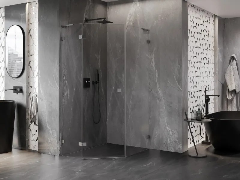 Mexen Lunar, L pětiúhelníkový sprchový kout naklápěcí doleva 80x90 cm, 8mm čiré sklo, profil grafit broušený, 831L-080L-090P-66-00-L
