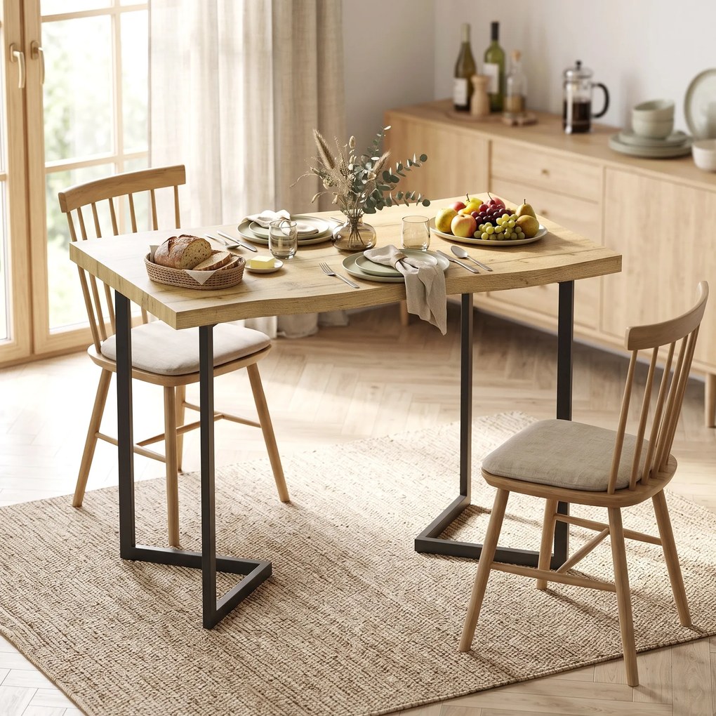 HOMCOM jídelní stůl pro 2 osoby s tlustou stolní deskou, kovové nohy, moderní styl, 110x67x75,5 cm, dub