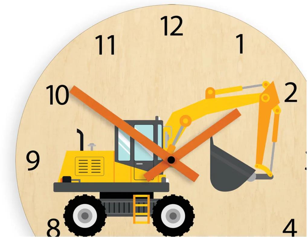 M.Clock Nástěnné dětské dřevěné hodiny Bagr tiché 30cm bříza