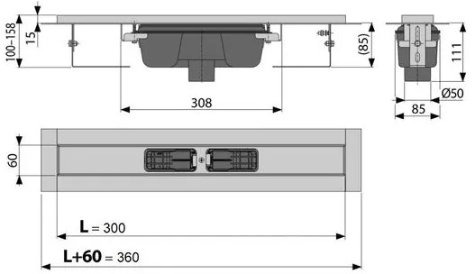 Alcadrain Podlahový žlab 30 cm s okrajem pro perforovaný rošt, svislý odtok APZ1001-300