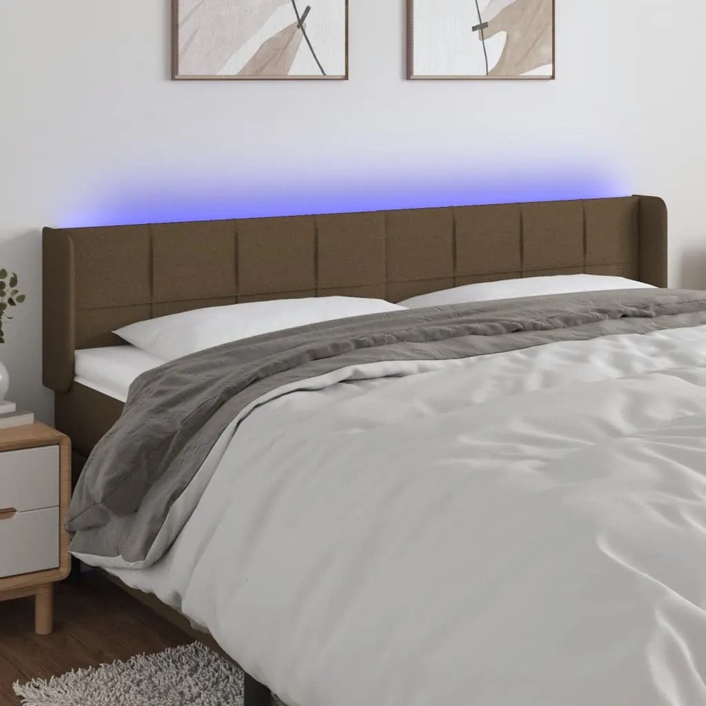 Čelo postele s LED tmavě hnědé 183 x 16 x 78/88 cm textil 3123253