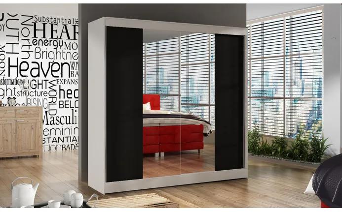 Prostorná šatní skříň BULAN II, bílá s černými dveřmi a zrcadlem