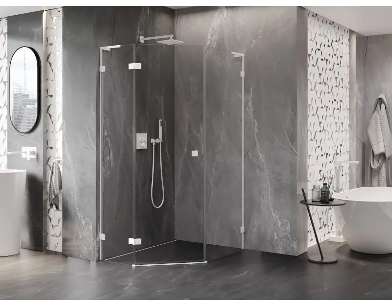 Mexen Lunar, L pětiúhelníkový sprchový kout naklápěcí doleva 80 x 100 cm, 8mm čiré sklo, bílý profil, 831L-080L-100P-20-00-L