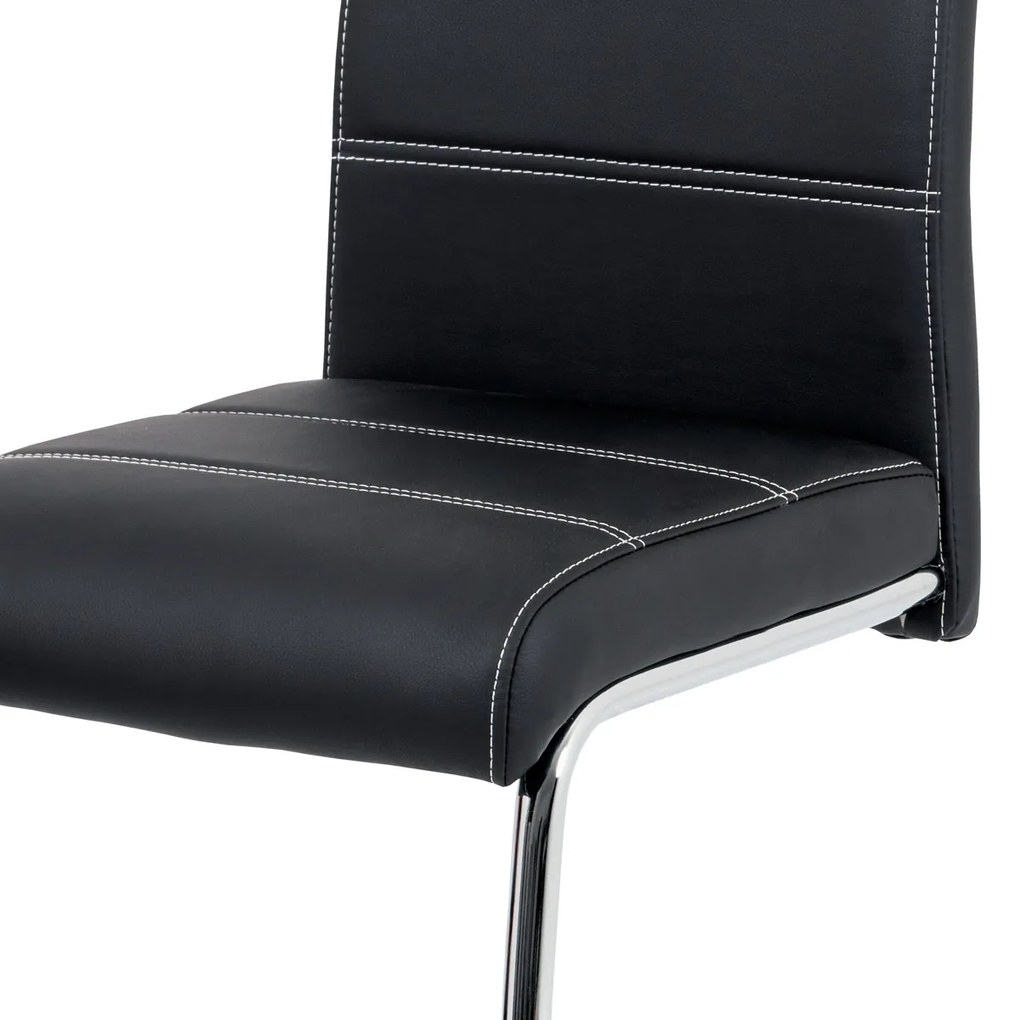 AUTRONIC Jídelní židle, potah černá ekokůže, bílé prošití, kovová pohupová podnož, chrom