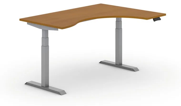 Výškově nastavitelný stůl PRIMO ADAPT, elektrický, 1600x1200x625-1275 mm, ergonomický pravý, třešeň, šedá podnož