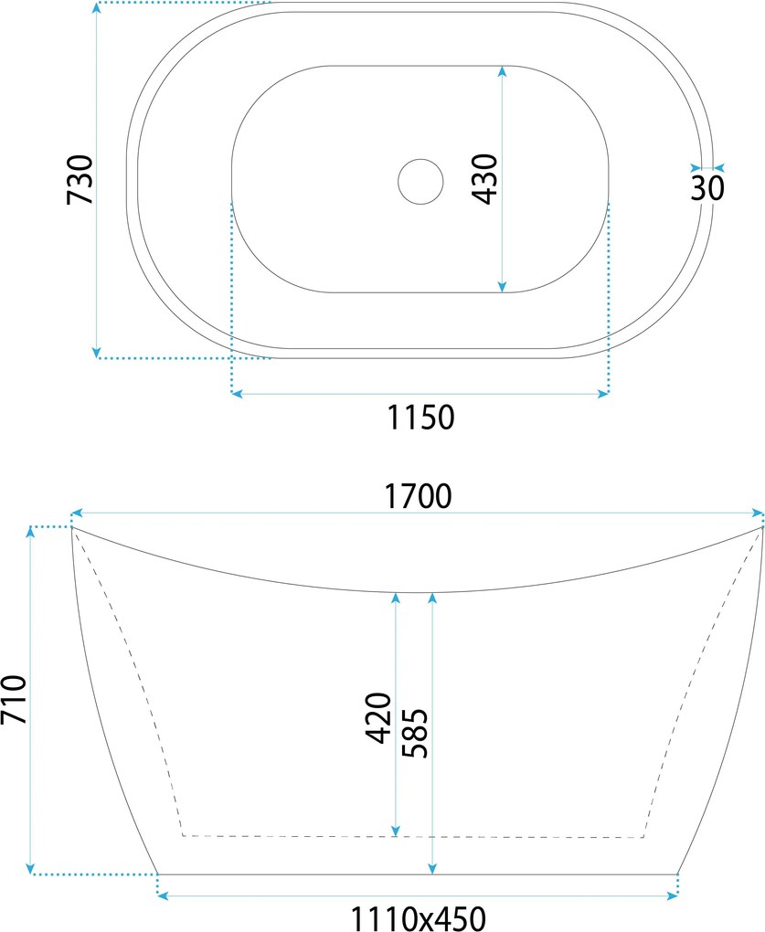 Volně stojící akrylátová vana REA ATENA 170x73 cm bílý, sifon Click-Clack - kartáčovaná měď