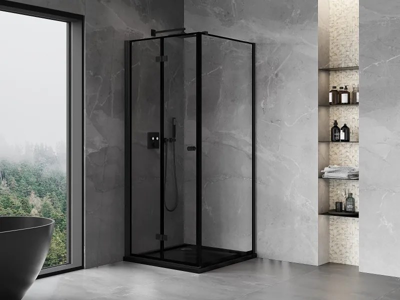 Mexen Mist-F T, 1-křídlý ​​skládací sprchový kout levý 85 x 85 cm, čiré sklo-černý rám, 8A6T-085-085-70-70-L