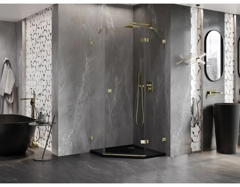 Mexen Lunar, pětiúhelníkový sprchový kout naklápěcí vpravo 80 x 80 cm, 8mm čiré sklo, zlatý profil, 831-080P-080L-50-00-P