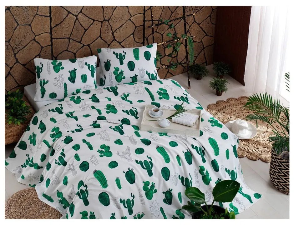 Set bavlněného přehozu přes postel, prostěradla a 2 povlaků na polštář Kaktus Green, 200 x 235 cm