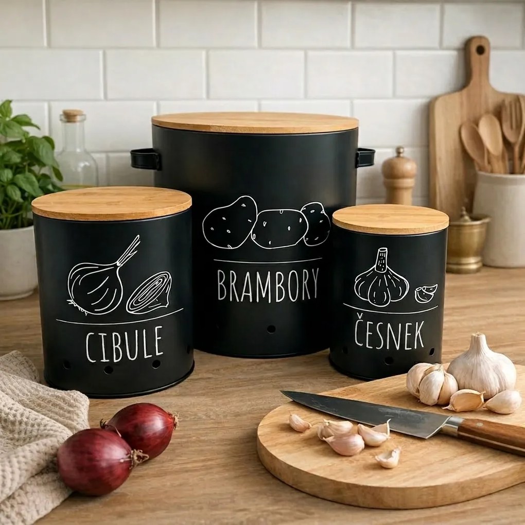 Orion Sada 3 dóz na cibuli, česnek a brambory, plechové s bambusovým víčkem BLACK CZ
