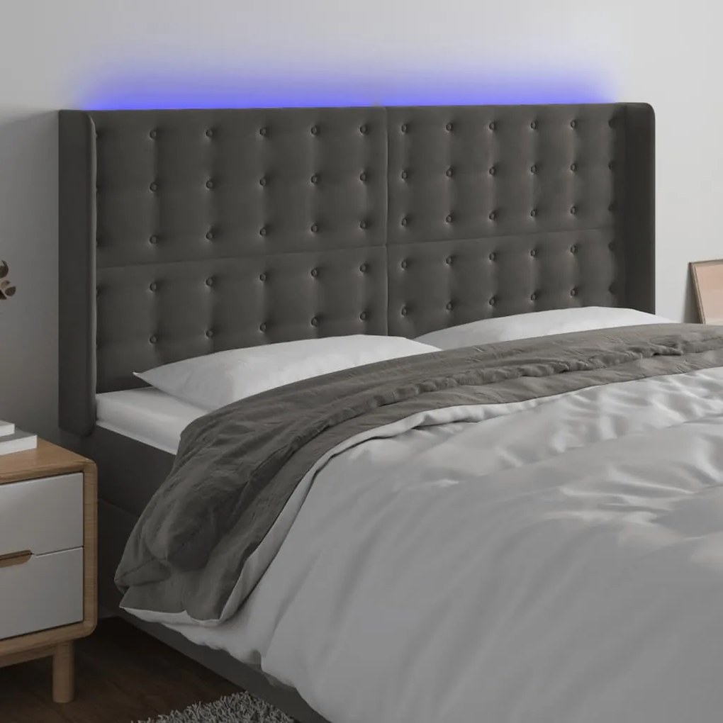 Čelo postele s LED tmavě šedé 183 x 16 x 118/128 cm samet 3124543