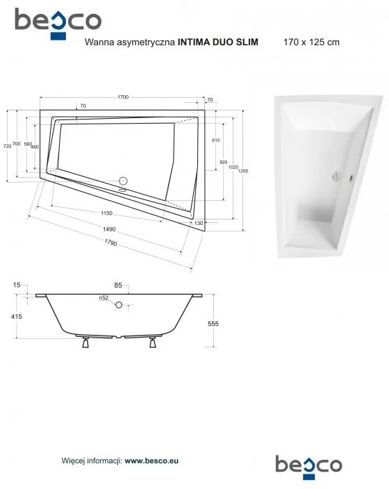 BESCO Asymetrická vana INTIMA DUO SLIM Nožičky k vaně - Bez nožiček, Rozměr vany - 170 × 125 cm, Způsob provedení - Levé - VANINTID17SLIML