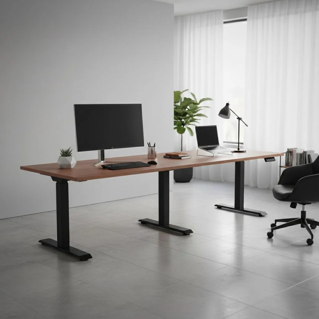 Výškově nastavitelný stůl OfficeTech Long, 240 x 80 cm, černá podnož, ořech