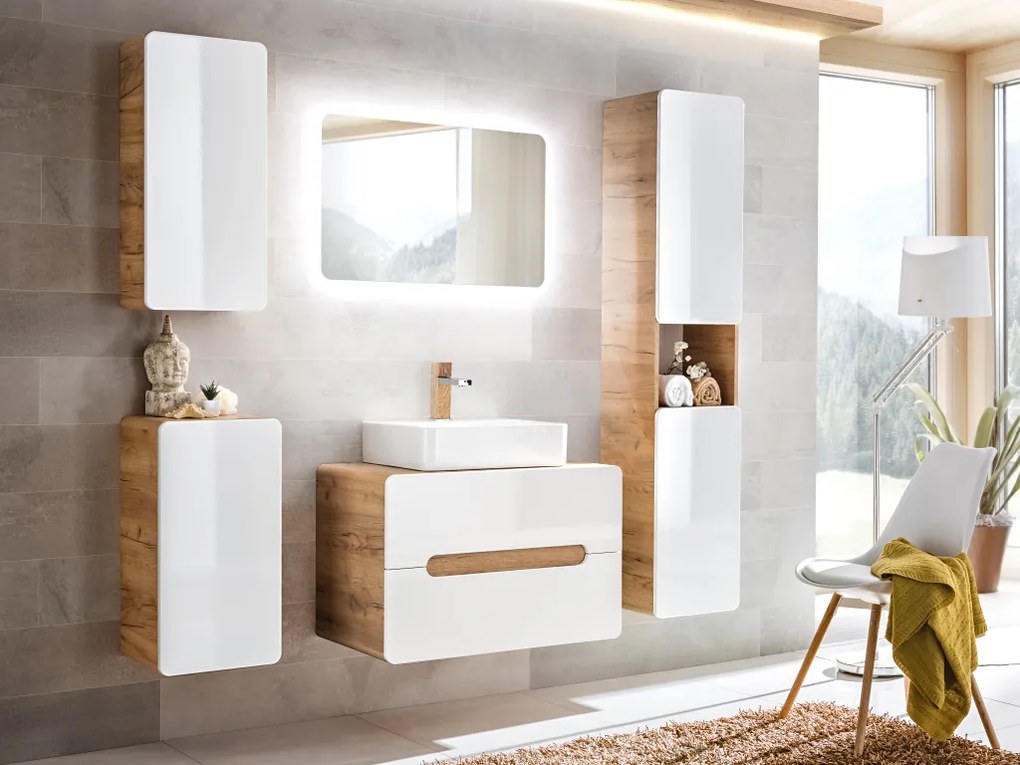 MAXIVA Koupelnová sestava - ARUBA white, 80 cm, sestava č. 5, dub craft/lesklá bílá