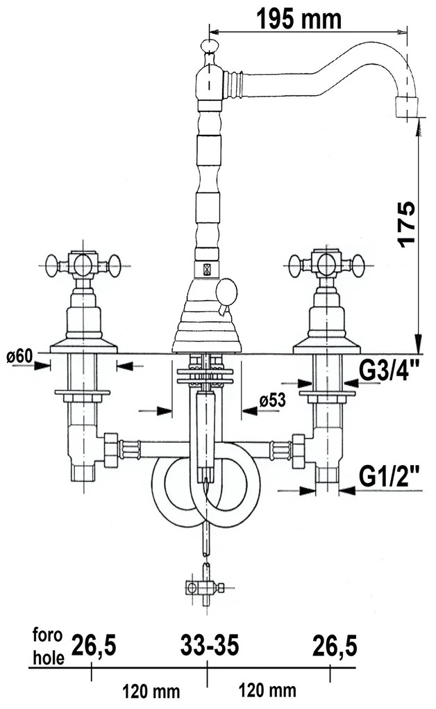 Reitano Rubinetteria, ANTEA tříprvková umyvadlová baterie s retro hubicí, s výpustí, bronz, 3226