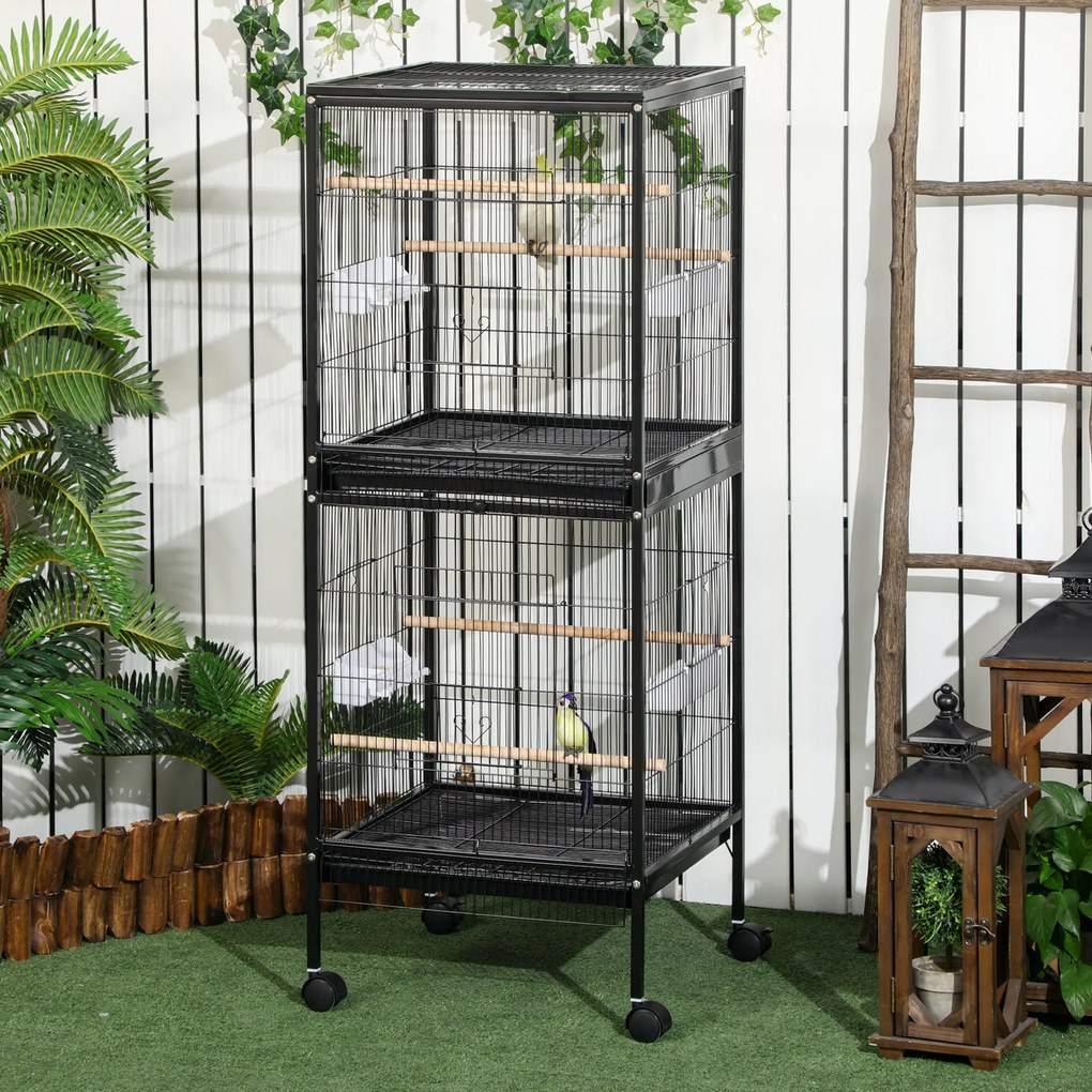 Ptačí klec PawHut na kolečkách Velká dvoupatrová voliéra s vyjímatelnými zásobníky, krmítky a bidly pro kanáry aandnbsp;and budgie 51.5x50x140 cm Čer…